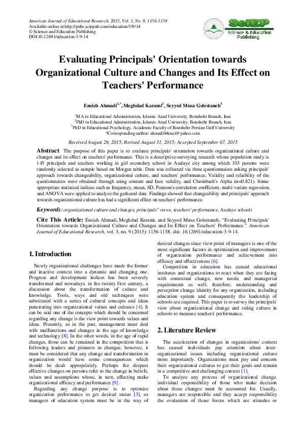 (PDF) Evaluating Principals' Orientation towards Organizational Culture and Changes and Its ...