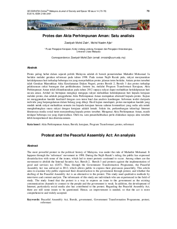 (PDF) Protes dan Akta Perhimpunan Aman: Satu analisis (Protest and the ...