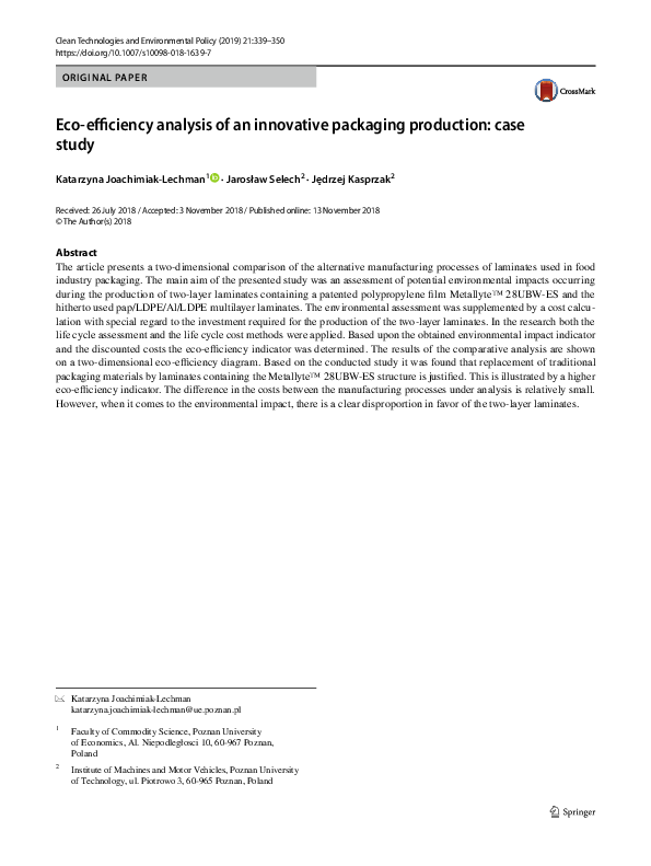 (PDF) Eco-efficiency analysis of an innovative packaging production: case study