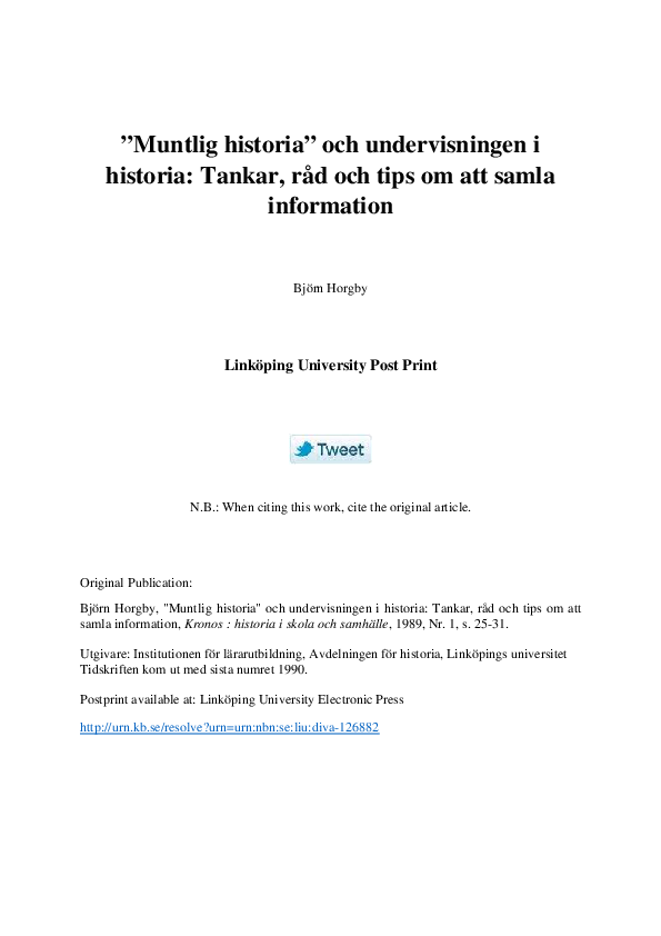 (PDF) Muntlig historia" och undervisningen i historia : Tankar, råd och ...