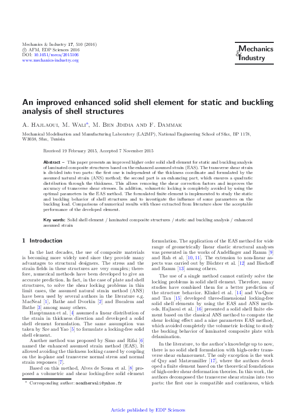 (PDF) An improved enhanced solid shell element for static and buckling analysis of shell structures