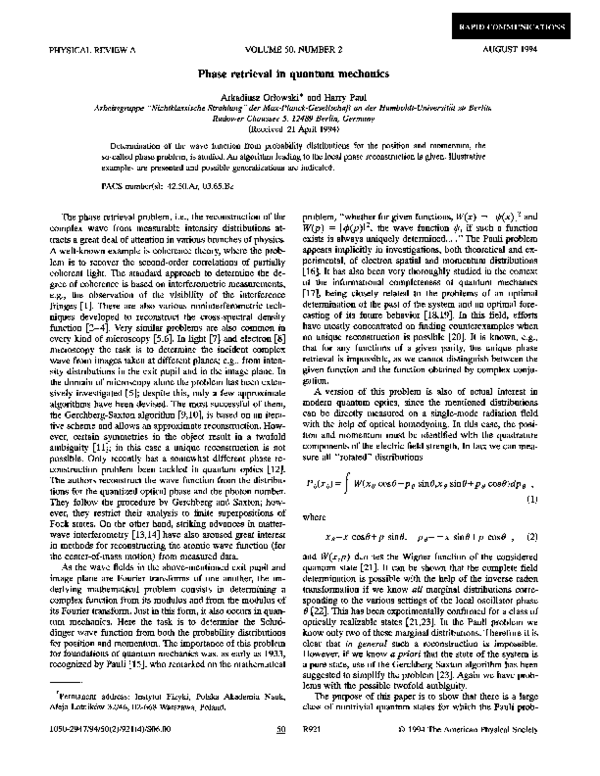 (PDF) Wave Function Retrieval and Phase Reconstruction in Quantum Mechanics