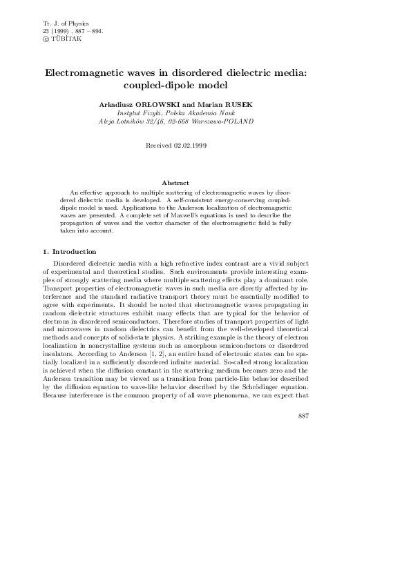 (PDF) Electromagnetic waves in disordered dielectric media: coupled-dipole model
