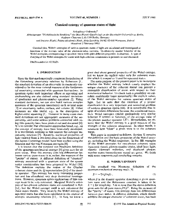 (PDF) Classical entropy of quantum states of light