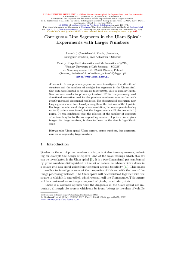(PDF) Contiguous Line Segments in the Ulam Spiral: Experiments with Larger Numbers