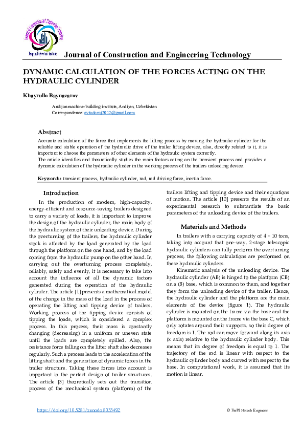 (PDF) Dynamic Calculation of the Forces Acting on the Hydraulic Cylinder