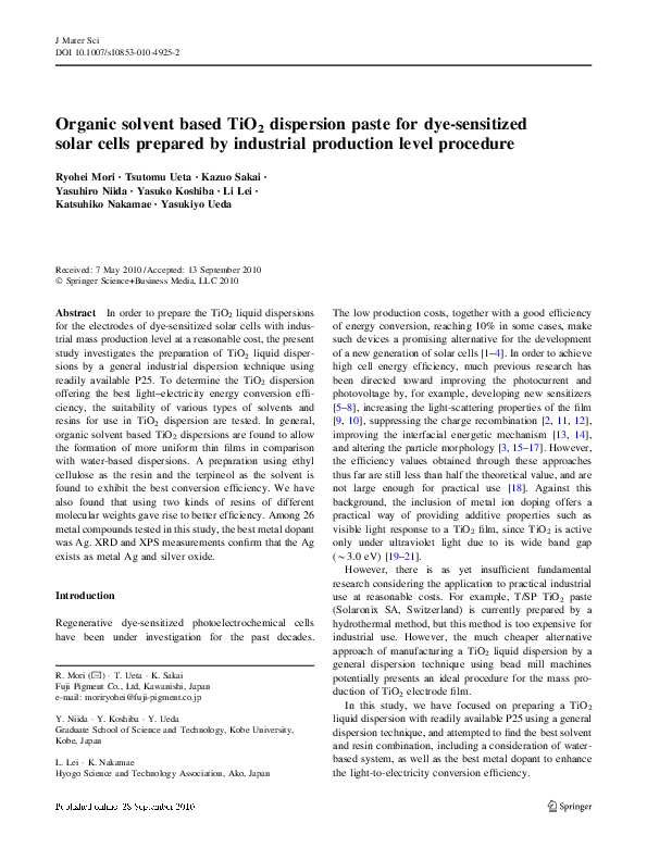 (PDF) Organic solvent based TiO2 dispersion paste for dye-sensitized ...