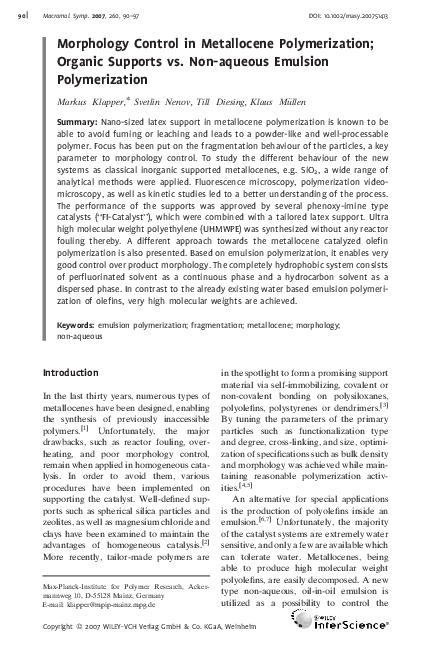 (PDF) Morphology Control in Metallocene Polymerization; Organic ...