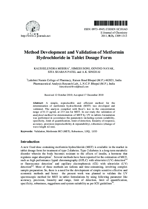 (PDF) Method Development and Validation of Metformin Hydrochloride in Tablet Dosage Form