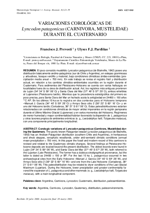 (PDF) VARIACIONES COROLOGICAS DE LYNCODON PATAGONICUS (CARNIVORA ...