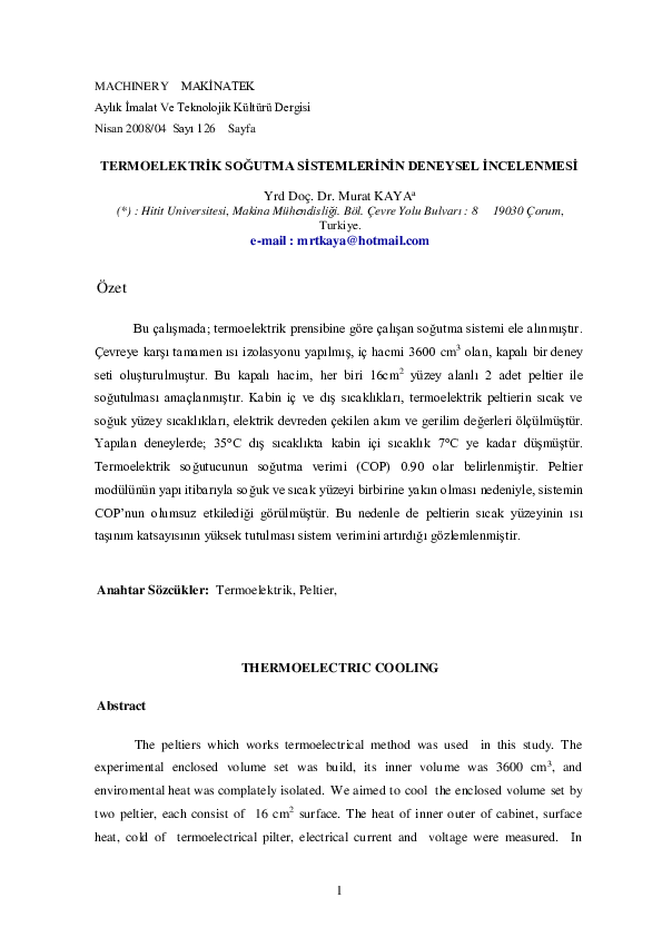 (PDF) TERMOELEKTRİK SOĞUTMA SİSTEMLERİNİN DENEYSEL İNCELENMESİ