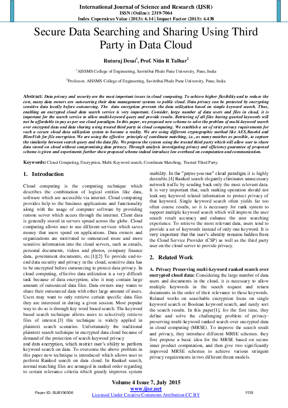 (PDF) Secure Data Searching and Sharing Using Third Party in Data Cloud