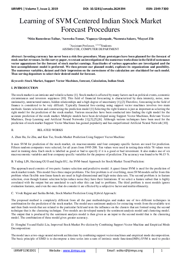 (PDF) Study of SVM based Indian Stock Market Prediction Methods