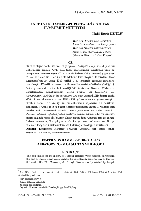(PDF) JOSEPH VON HAMMER-PURGSTALL’İN SULTAN II. MAHMUT METHİYESİ ...