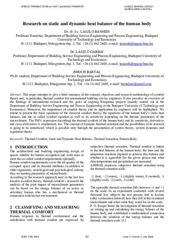 (PDF) Research on static and dynamic heat balance of the human body