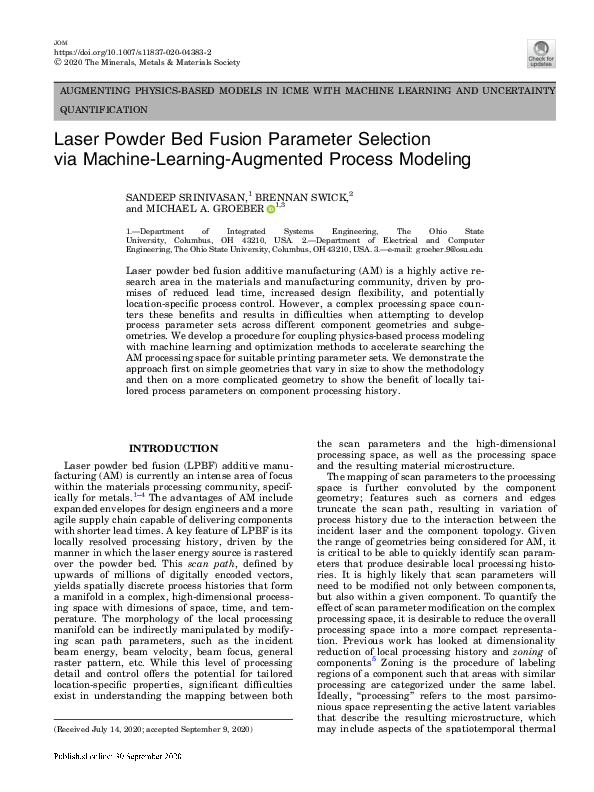 (PDF) Laser Powder Bed Fusion Parameter Selection via Machine-Learning-Augmented Process Modeling
