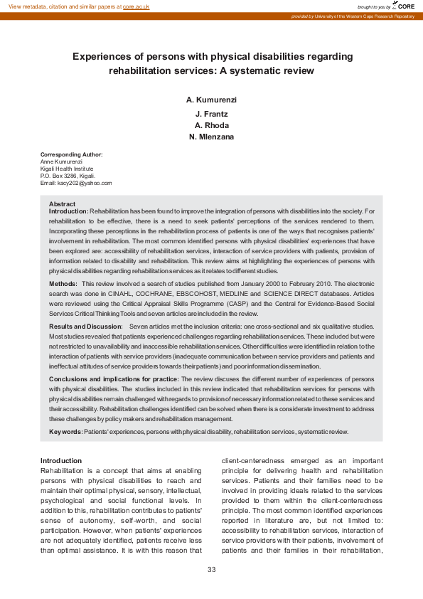 (PDF) Experiences of persons with physical disabilities regarding ...