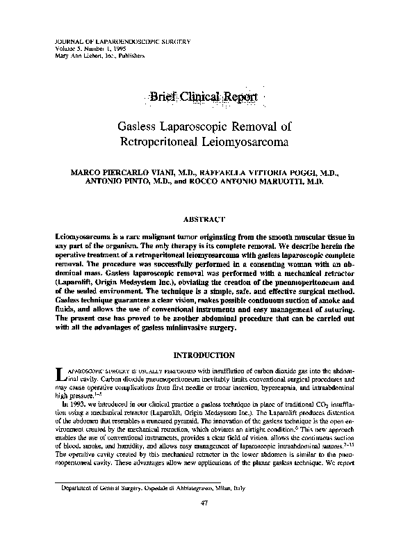 (PDF) Gasless Laparoscopic Removal of Retroperitoneal Leiomyosarcoma | Rocco Maruotti - Academia.edu