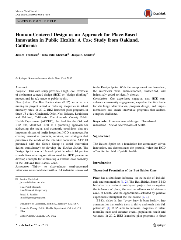 (PDF) Human-Centered Design as an Approach for Place-Based Innovation in Public Health: A Case ...