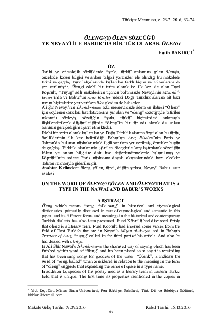 (PDF) ÖLENG/(Y) ÖLEN SÖZCÜĞÜ VE NEVAYÎ ĠLE BABUR’DA BİR TÜR OLARAK ...