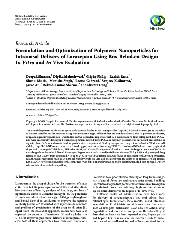 (PDF) Formulation and optimization of polymeric nanoparticles for intranasal delivery of ...