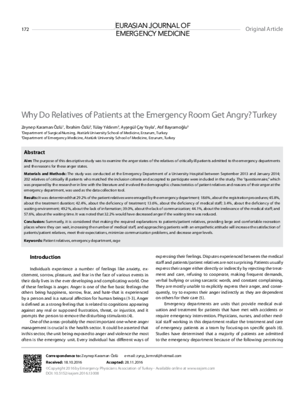 (PDF) Why Do Relatives Of Patients at the Emergency Room Get Angry? Turkey