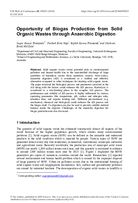 (PDF) Opportunity of Biogas Production from Solid Organic Wastes ...
