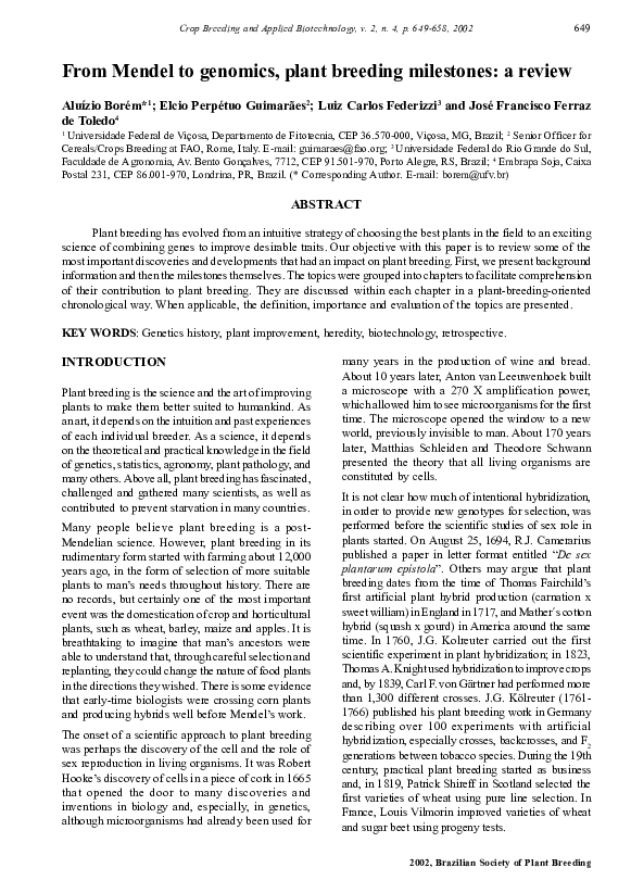 (PDF) From Mendel to genomics, plant breeding milestones: a review