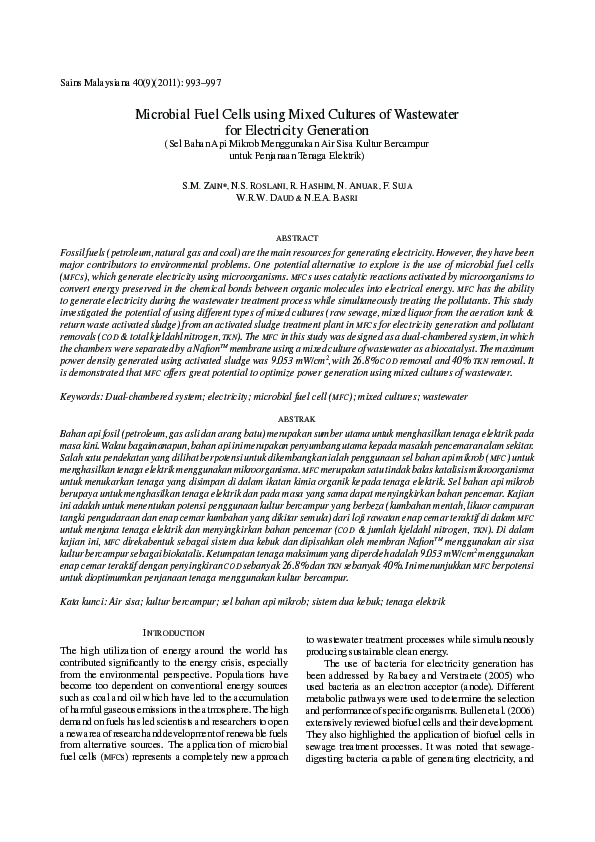 (PDF) Microbial Fuel Cells using Mixed Cultures of Wastewater for Electricity Generation (Sel ...