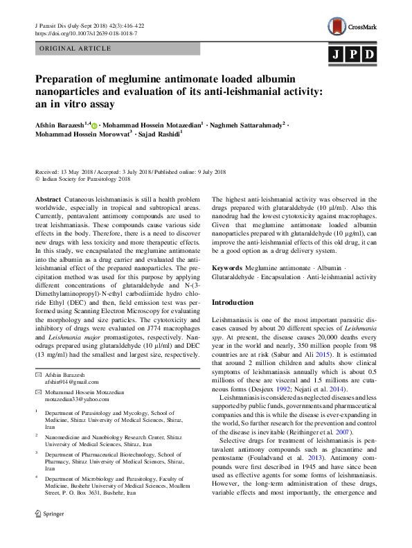 (PDF) Preparation of meglumine antimonate loaded albumin nanoparticles ...