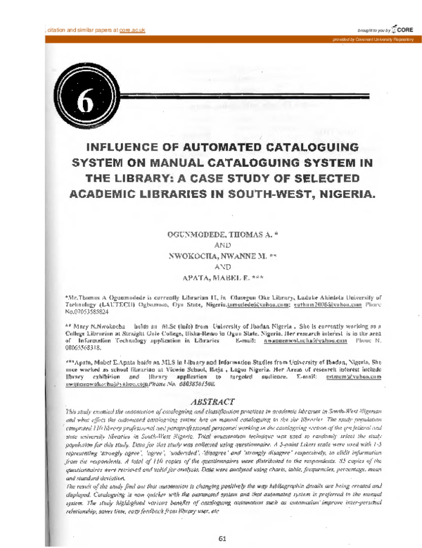 (PDF) Influence of automated cataloguing system on manual cataloguing system in the library: a ...