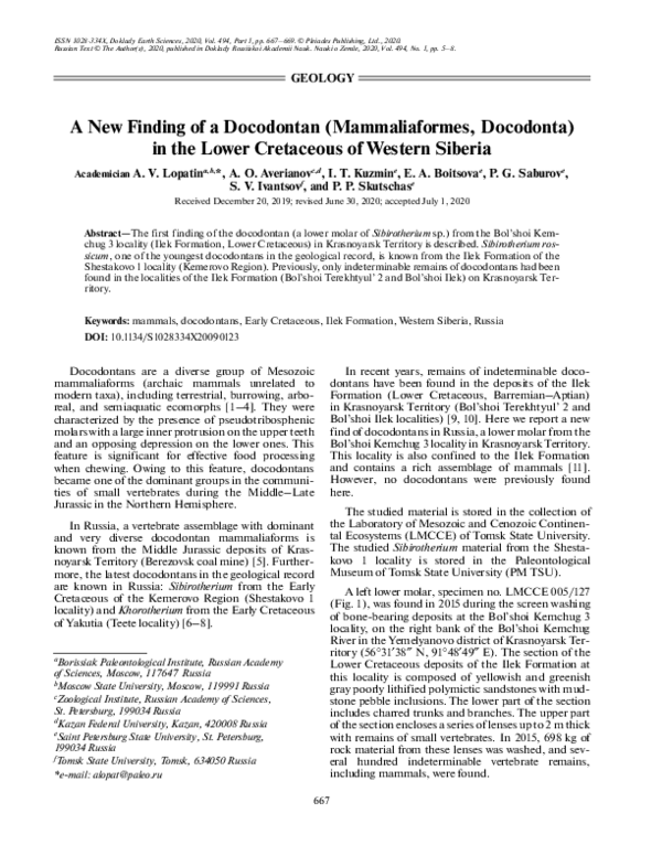 (PDF) A New Finding of a Docodontan (Mammaliaformes, Docodonta) in the ...