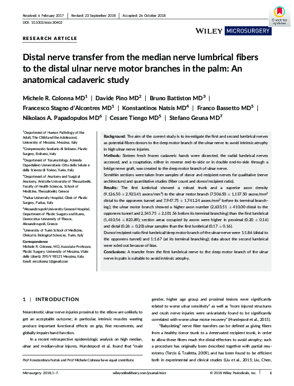 (PDF) Distal nerve transfer from the median nerve lumbrical fibers to ...