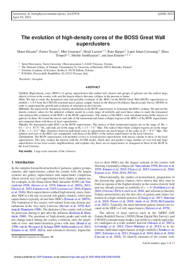 (PDF) The evolution of high-density cores of the BOSS Great Wall ...