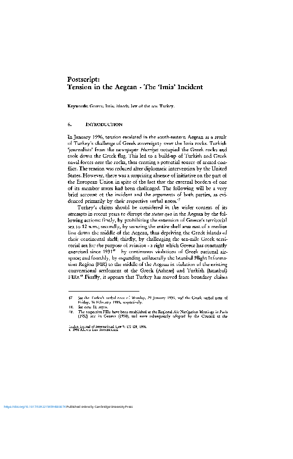 (PDF) Postscript: Tension in the Aegean – The ‘Imia’ Incident
