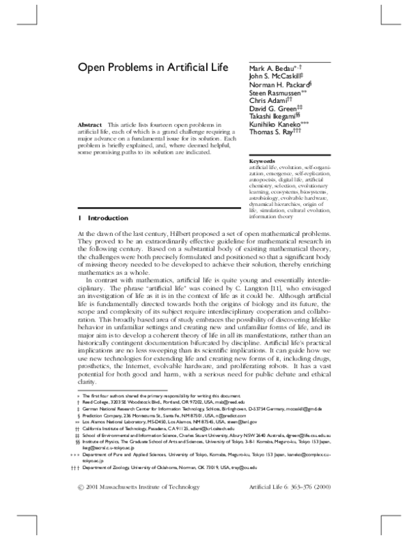 (PDF) Open Problems in Artificial Life Mark A. Bedau