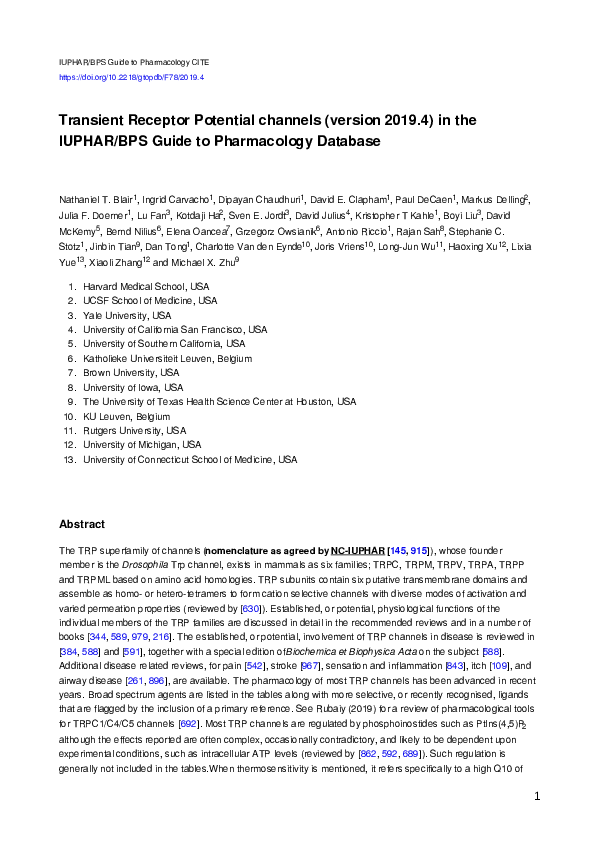 (PDF) Transient Receptor Potential channels (version 2019.4) in the IUPHAR/BPS Guide to ...