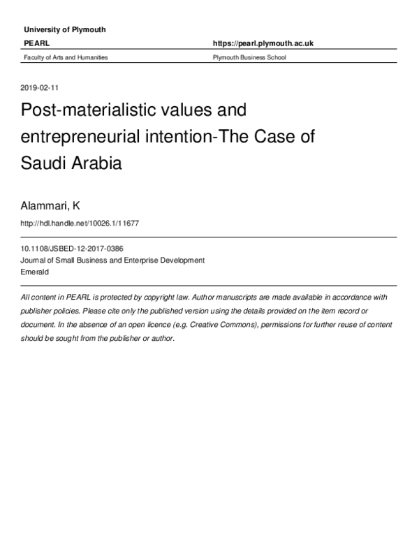 (PDF) Post-materialistic values and entrepreneurial intention – the ...