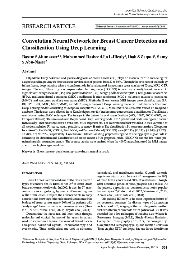 Pdf Convolution Neural Network For Breast Cancer Detection And Classification Using Deep Learning
