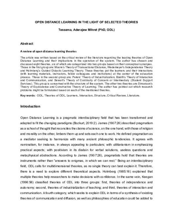 (PDF) OPEN DISTANCE LEARNING IN THE LIGHT OF SELECTED THEORIES