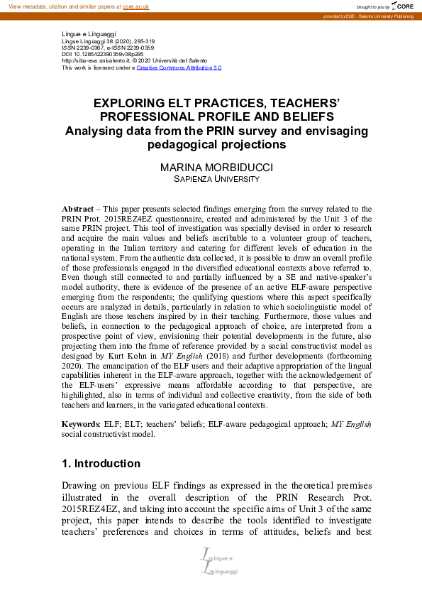 (PDF) Exploring ELT practices, teachers’ professional profile and beliefs: Analysing data from ...