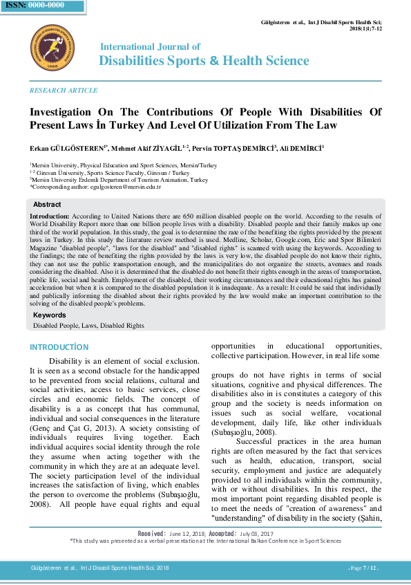 (PDF) Investigation On The Contributions Of People With Disabilities Of Present Laws İn Turkey ...