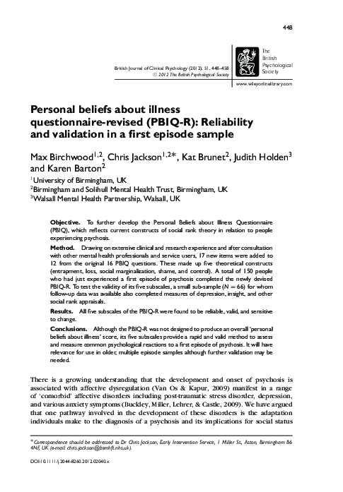 (PDF) Personal beliefs about illness questionnaire-revised (PBIQ-R ...