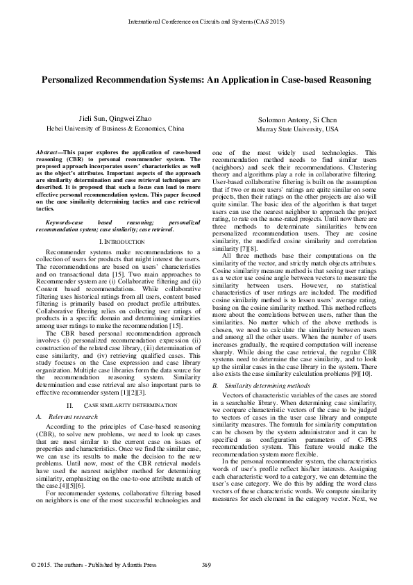 (PDF) Personalized Recommendation Systems: An Application in Case-based ...