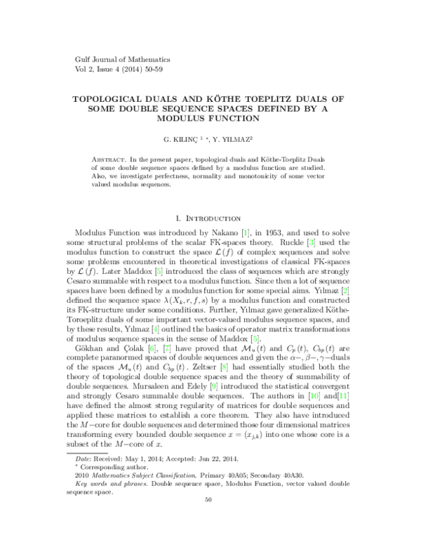 (PDF) Topological duals and Kothe Toeplitz duals of some double ...