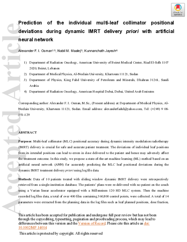 (PDF) Predicting MLC Deviations in Dynamic IMRT