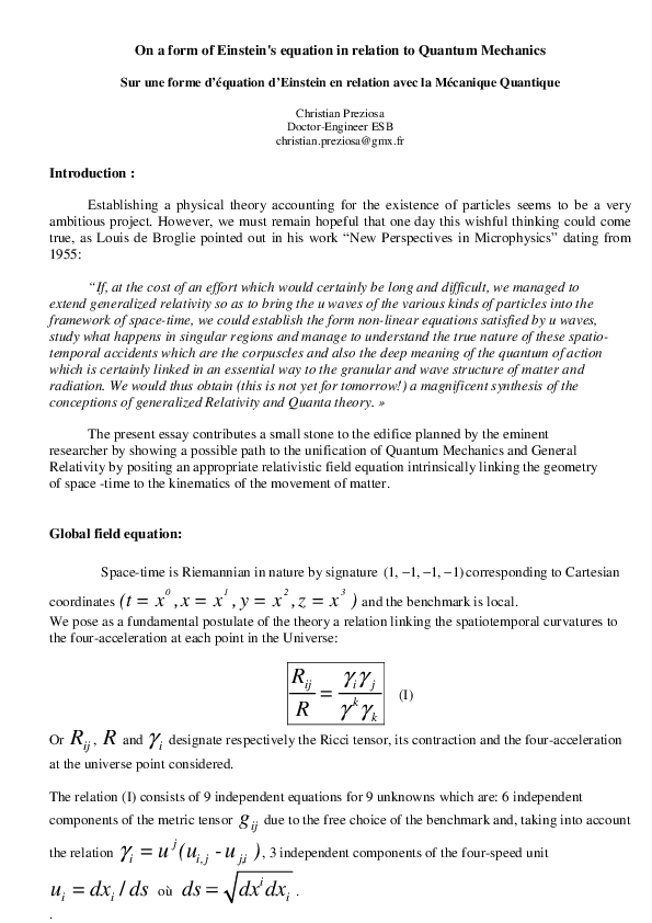 (PDF) On a form of Einstein's equation in relation to Quantum Mechanics ...