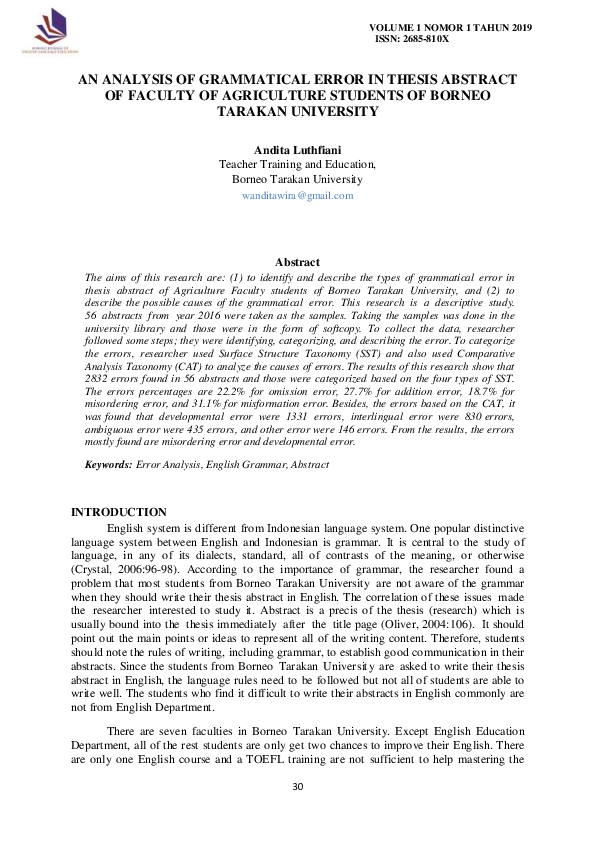 (PDF) An Analysis of Grammatical Error in Thesis Abstract of Faculty of Agriculture Students of ...