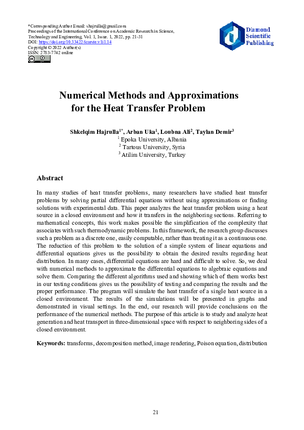 (PDF) Numerical Methods and Approximations for the Heat Transfer Problem