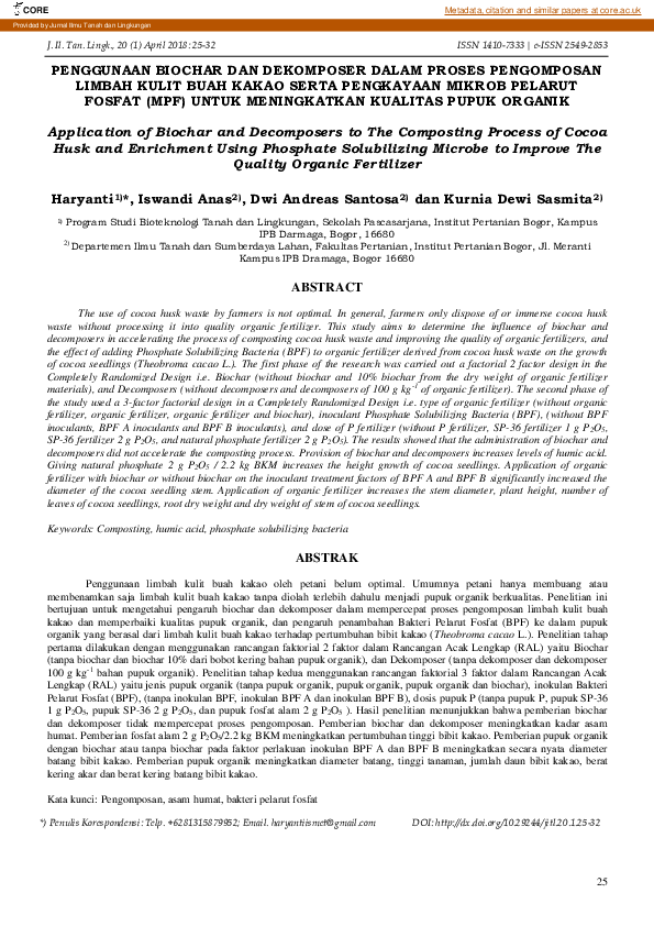 (PDF) Penggunaan Biochar Dan Dekomposer Dalam Proses Pengomposan Limbah Kulit Buah Kakao Serta ...
